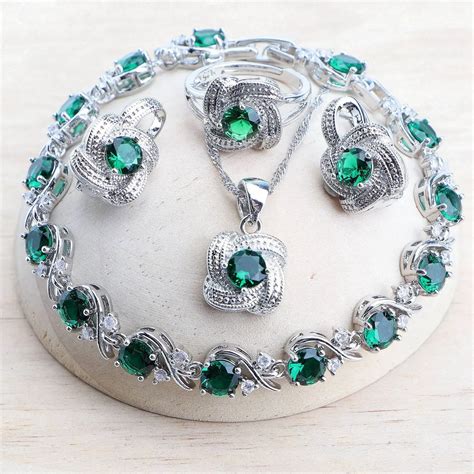Fine 925 Silver Jewelry Sets For Women Luxury Green Zircon Bridal