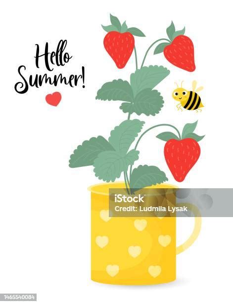 포스터 안녕하세요 여름 베리와 컵에 귀여운 꿀벌과 딸기의 가지 만화 플랫 스타일의 벡터 그림 과일에 대한 스톡 벡터 아트 및 기타 이미지 Istock