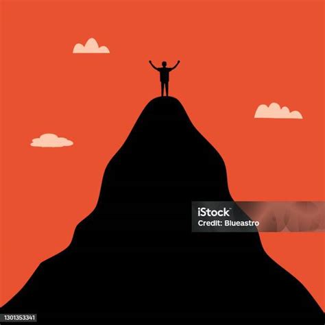 라이프 골 컨셉 벡터 일러스트레이션 평평한 디자인의 높은 산 꼭대기에 서있는 남자 성공의 상징 목표 삶의 성취 개발에 대한 스톡 벡터 아트 및 기타 이미지 Istock