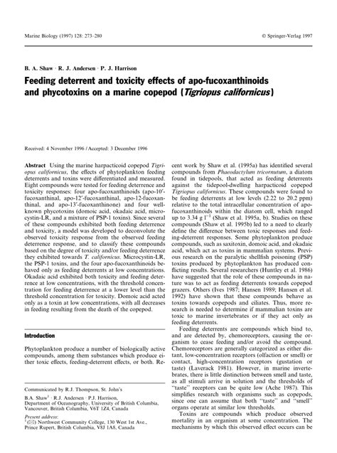 Pdf Feeding Deterrent And Toxicity Effects Of Apo Fucoxanthinoids And