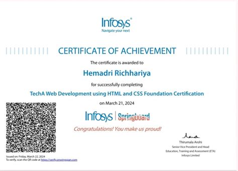 Hemadri Richhariya On Linkedin Html Css Certification Infosys