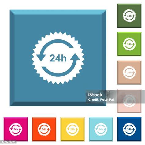 모서리 사각형 버튼에 흰색 화살표 아이콘으로 24 시간 스티커 24 시간 영업 표시에 대한 스톡 벡터 아트 및 기타 이미지
