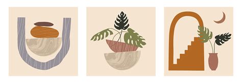 기하학적 균형 모양 계단 식물 냄비와 추상적 인 현대 미적 배경의 현대 세트 트렌디한 미드 센추리 모던 아트 포스터 프린트 보헤미안 미니멀리즘 벽 장식 0명에 대한 스톡