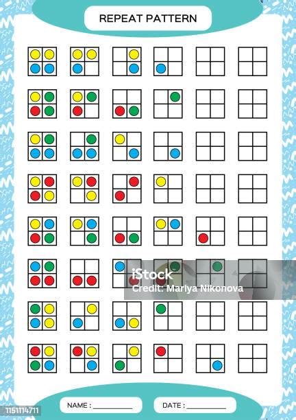 패턴을 반복 합니다 Colorfull 원이 있는 정사각형 그리드 유치원 아이 들을 위한 특별 한 미세 운동 능력을 연습 하기 위한 워크 시트 기술 작업을 개선 합니다 녹색