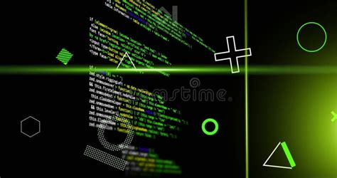 image of rotating shapes and green scanner beams over data processing