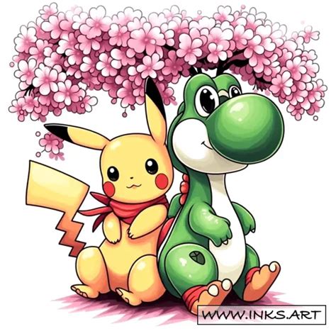 Tattoo Design Pikachu And Yoshi In Stylish Attire Style Anime