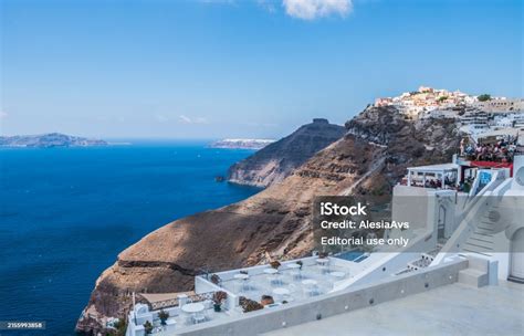 Top View Of Traditional Houses And Sea On Santorini Island In Greece