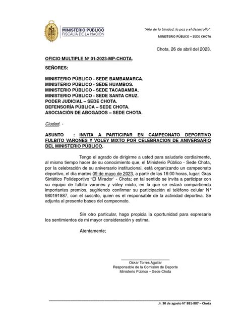 Oficio Y Bases Invitacion A Campeonato Deportivo Aniversario Mp