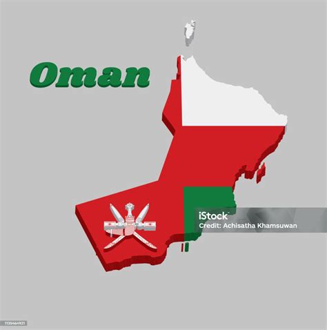 3d 지도 개요와 오만의 국기 흰색 빨간색과 녹색의 수평 색 호 이스트에는 세로의 빨간 줄무늬가 있어 오만의 국가 헝겊으로 충전 되었습니다 0명에 대한 스톡 벡터 아트 및