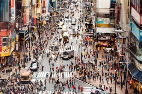 A Bustling Cityscape Filled With People Rushing Through Crowded Streets