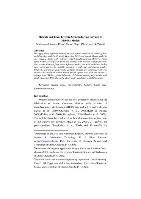 Pdf Mobility And Traps Effect In Semiconducting Polymer By Mobility Models
