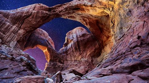 Night Exposure Of Double Arch In Arches National Park Utah Usa