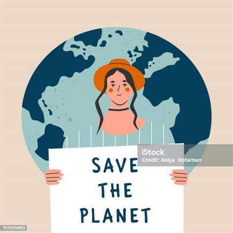 기후 변화에 대한 생태 운동가 항의 글로벌 파업은 긴급한 행동을 요구합니다 환경 보호를 위해 시위를 행진하는 여성 행성 포스터를 들고 있는 여성들 플랫 벡터 일러스트 레이