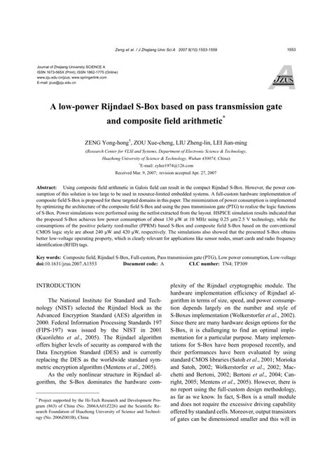 Pdf A Low Power Rijndael S Box Based On Pass Transmission Gate And