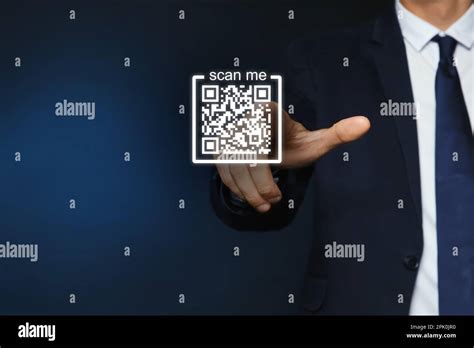 Man Pointing At Illustration Of Qr Code On Dark Blue Background