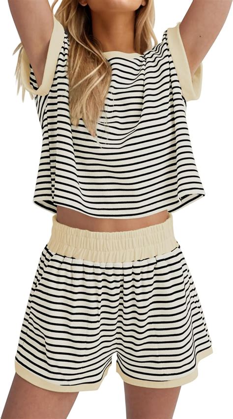 Missactiver 2 Piece Lounge Set Women Stripe Knit Short