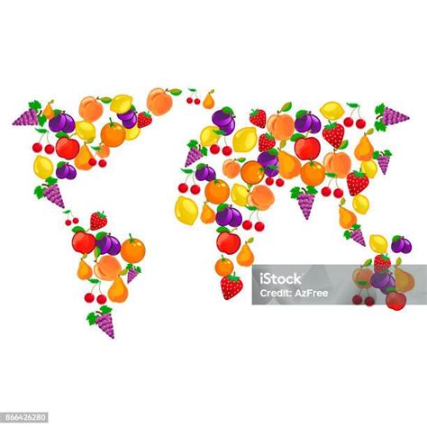 과일 익은 과일 수확의 대륙 세계 지도 모양에 결합 사과 배 레몬 딸기 복숭아 체리 살구 건강한 식생활에 대한 스톡 벡터 아트 및 기타 이미지 Istock