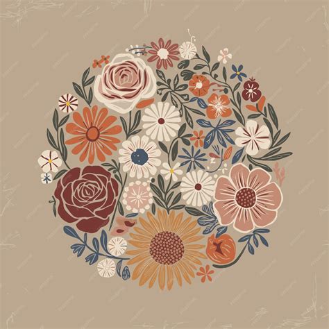 Circular Floral Pattern With Various Colorful Flowers On A Beige Background Premium Ai