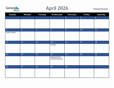 April 2026 United States Monthly Calendar With Holidays