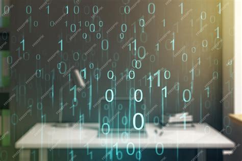 Premium Photo Creative Abstract Binary Code Hologram And Modern Desktop With Pc On Background