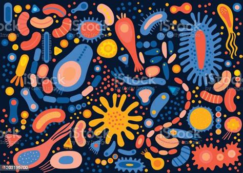 미생물의 다른 유형으로 큰 세트 모양의 추상적 인 컬렉션 현미경 바이러스 박테리아 미생물 Protists 어두운 배경에서 격리된 컬러 플랫 벡터 일러스트레이션 신장병에 대한