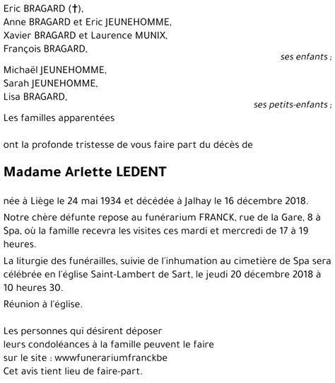 Avis De Décès De Arlette Ledent Décédé Le 16122018 à Jalhay Annonce