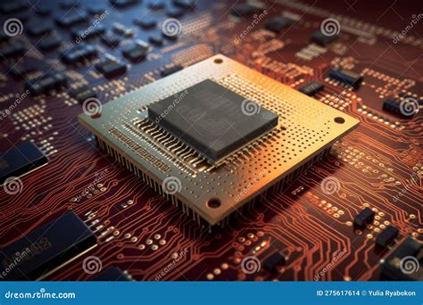 Small Microchip With Head Figure And Blue Various Icons On Dark Background Cartoon Vector
