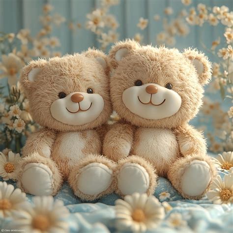 Two Cute Teddies Sitting Together In Pixar Style Cgi Cloud Some Flowers