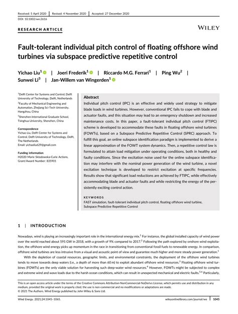 Pdf Fault‐tolerant Individual Pitch Control Of Floating Offshore Wind