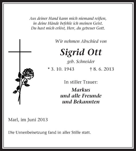 Traueranzeigen Von Sigrid Ott Sich Erinnern De