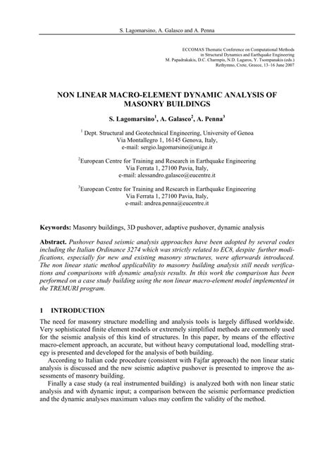 Pdf Non Linear Macro Element Dynamic Analysis Of Masonry Buildings