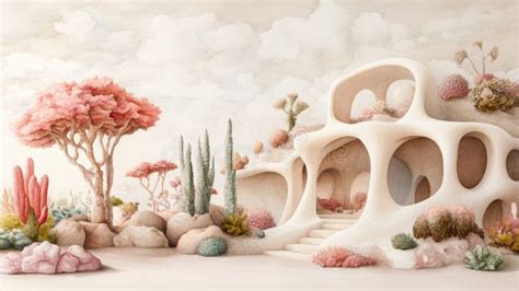 Futuristic Minimalist Architecture In Surreal Desert Landscape With