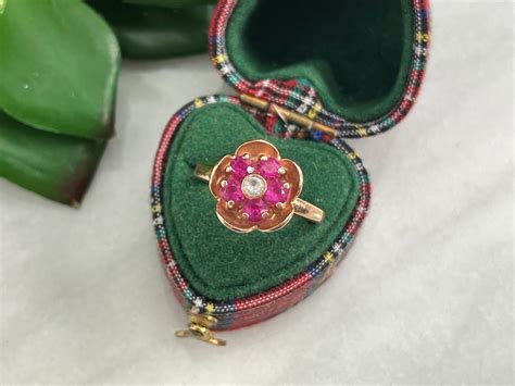 Vintage 14k Rose Gold Ruby Flower Ring With White Topaz Us Size 425