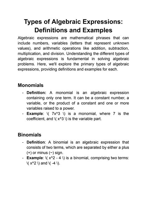 Solution Types Of Algebraic Expressions Definitions And Examples
