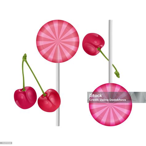 분홍색 색상의 달콤한 현실적인 막대 사탕 체리 맛이 나는 둥근 모양의 달콤한 롤리팝 감초 사탕에 대한 스톡 벡터 아트 및 기타