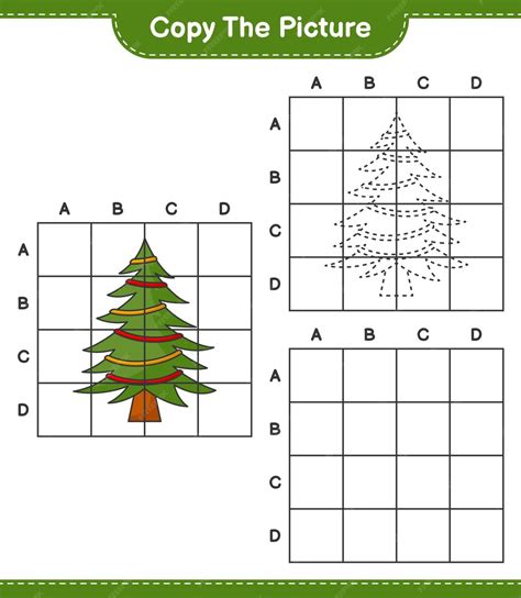 그림을 복사하고 격자선을 사용하여 크리스마스 트리 그림을 복사합니다 교육 어린이 게임 인쇄용 워크시트 벡터 일러스트 레이 션 프리미엄 벡터