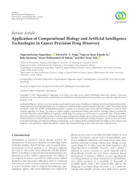 Pdf Application Of Computational Biology And Artificial Intelligence Technologies In Cancer