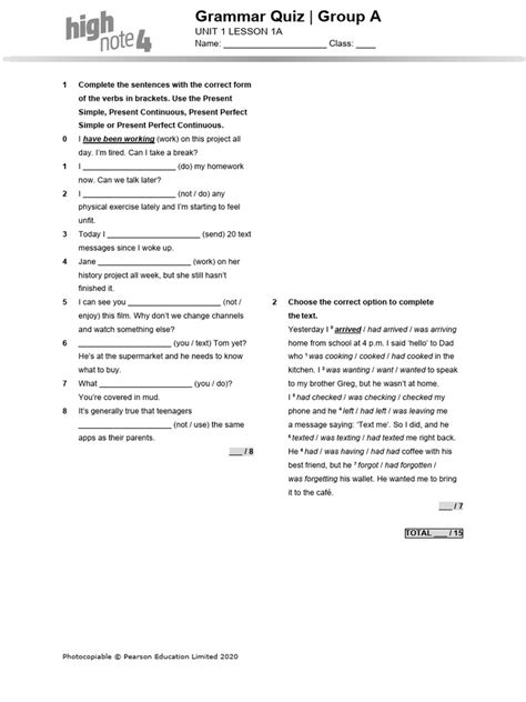 highnote4 grammar quiz unit01a groupa download free pdf linguistic