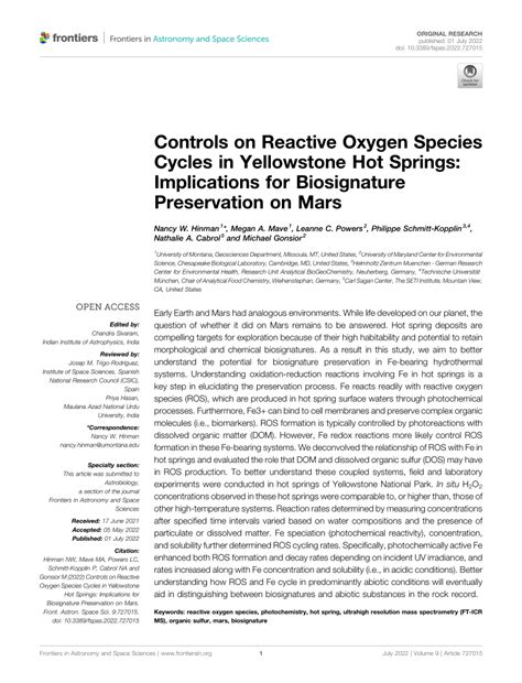 Pdf Controls On Reactive Oxygen Species Cycles In Yellowstone Hot Springs Implications For