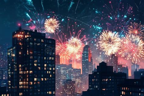 Multicolor Fireworks Over Skyrise Building New Year Illustration By
