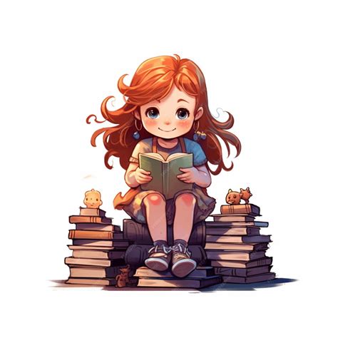 Premium Ai Image A Cartoon Girl Sitting On A Pile Of Books Reading A Book Generative Ai