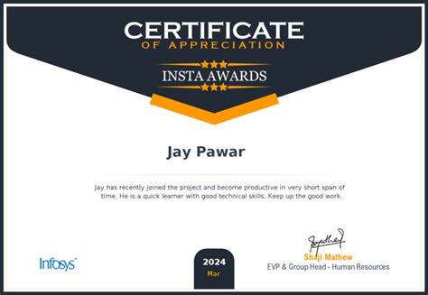 Jay Pawar On Linkedin Infosys Instaaward Appreciation Infoscion
