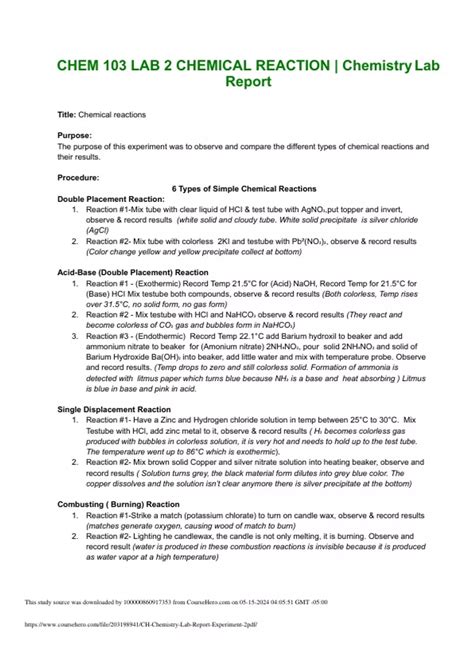 CHEM 103 LAB 2 CHEMICAL REACTION Chemistry Lab Report CHEM 103 Stuvia US