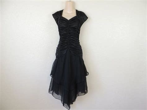 Lorde Stevie Nicks Dress 1980s Black Ruched Drop Waist Bodice