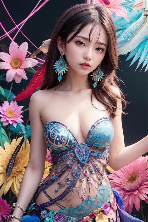 A Close Up Of A Woman In A Blue Bikini Top And Flowers Seaart Ai