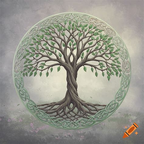 A Detailed Celtic Tree Of Life With Green Leaves And Intricate Roots