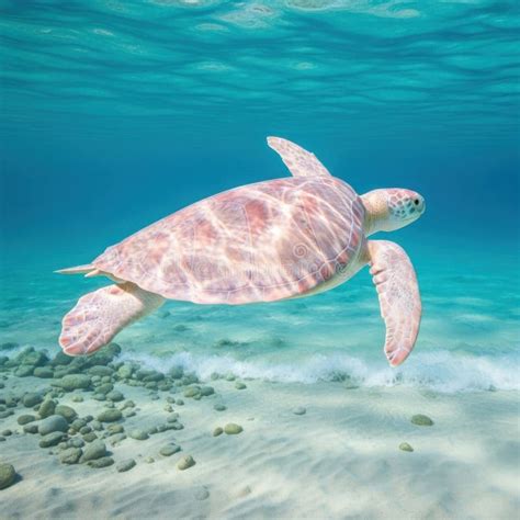 Rare Albino Sea Turtle Glides Through Crystal Blue Ocean Waters Stock