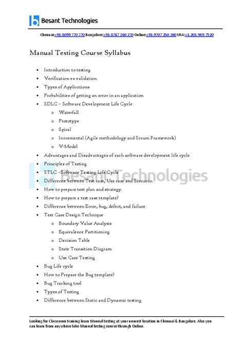 Manual Testing Course Syllabus Chennai Bangalore