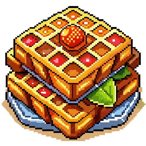 Pixel Art Waffles With Strawberry And Mint Leaves On Plate Premium Ai