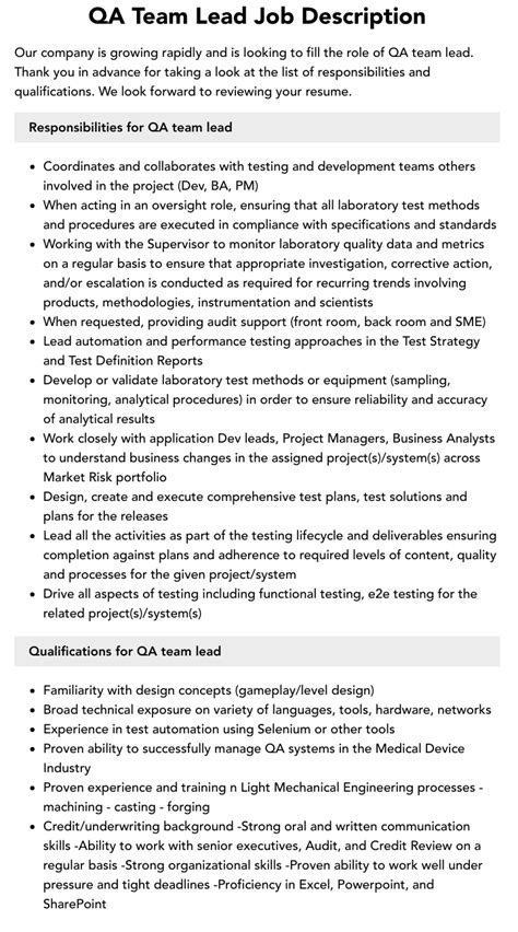 Qa Team Lead Job Description Velvet Jobs